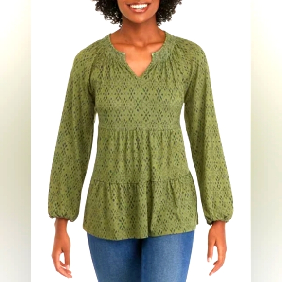 Wonderly | Tops | Petite Long Sleeve Smocked Split Neck Tiered Tunic Top | Poshmark